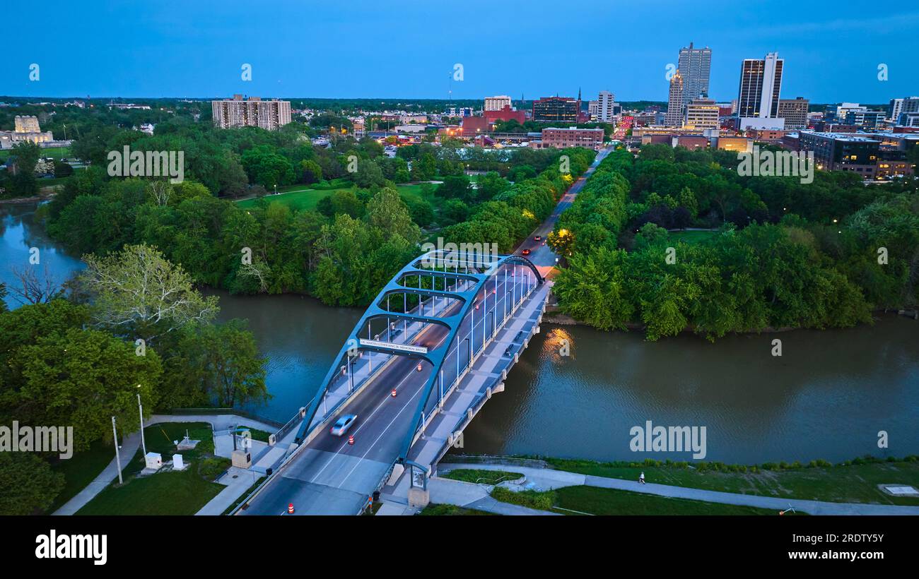 Aerial Martin Luther King Bridge dusk aerial St Marys river Stock Photo ...