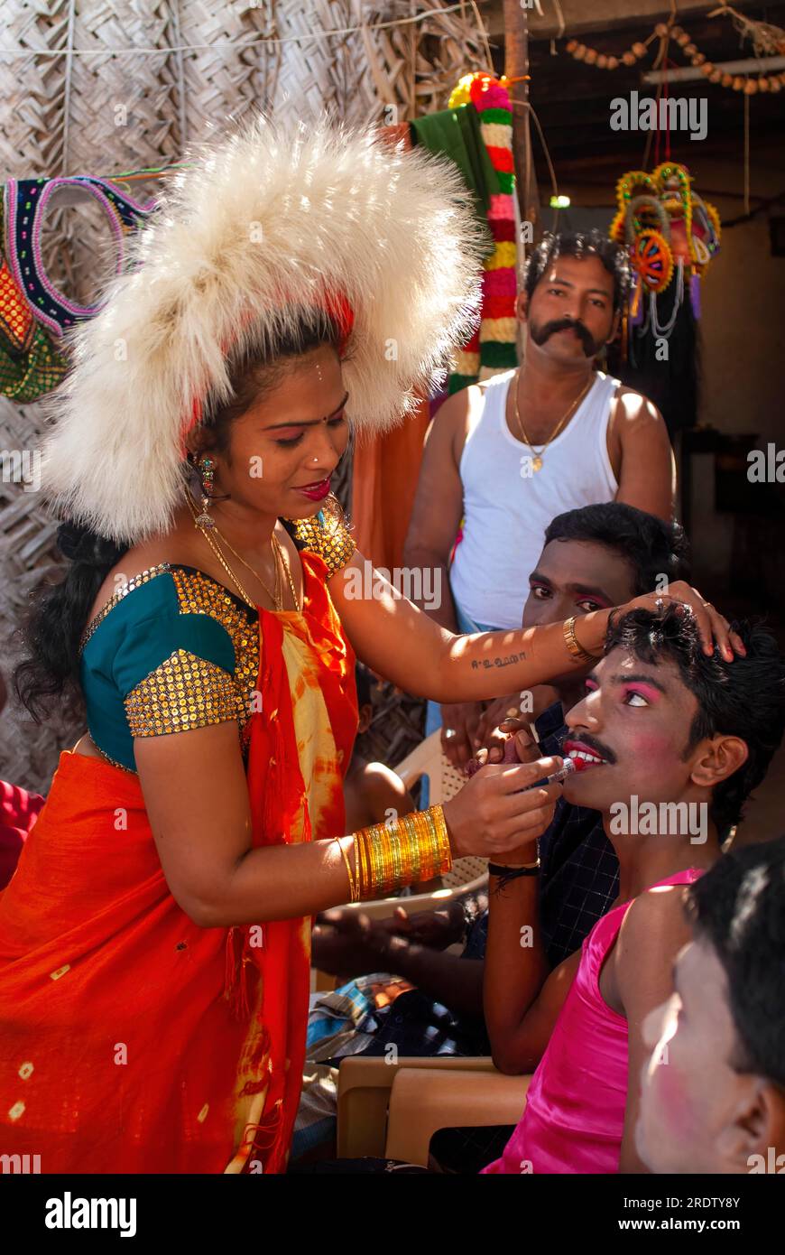 Folk artists doing makeup during Dasara Dussera Dusera Festival at ...