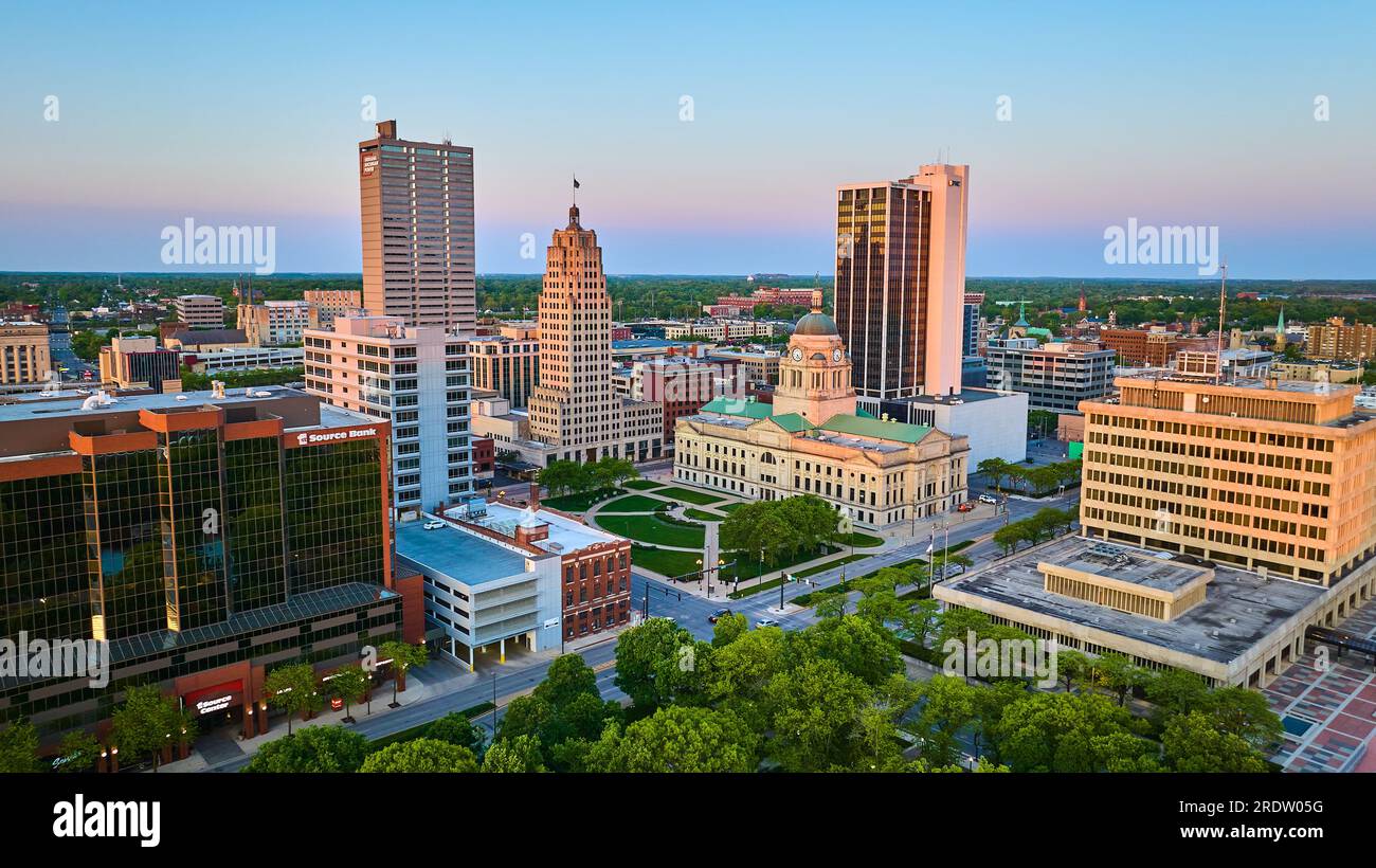 Aerial cityscape landscape downtown Fort Wayne courthouse, Indiana ...