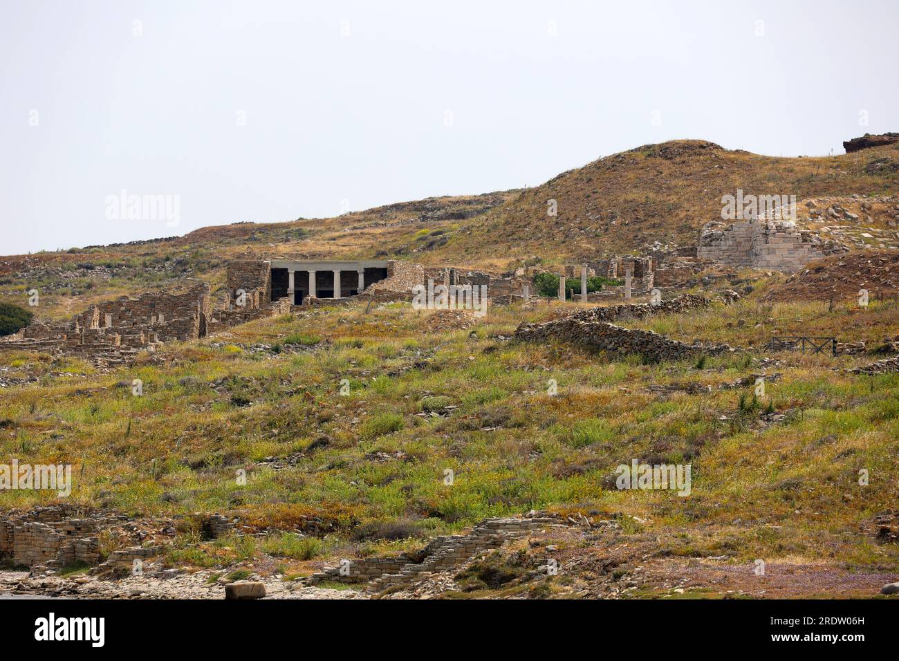 View of the Cycladic island of Delos through the Apollo sanctuary there ...