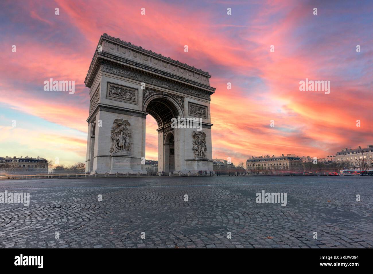 Paris France sunset city skyline at Arc de Triomphe and Champs Elysees ...