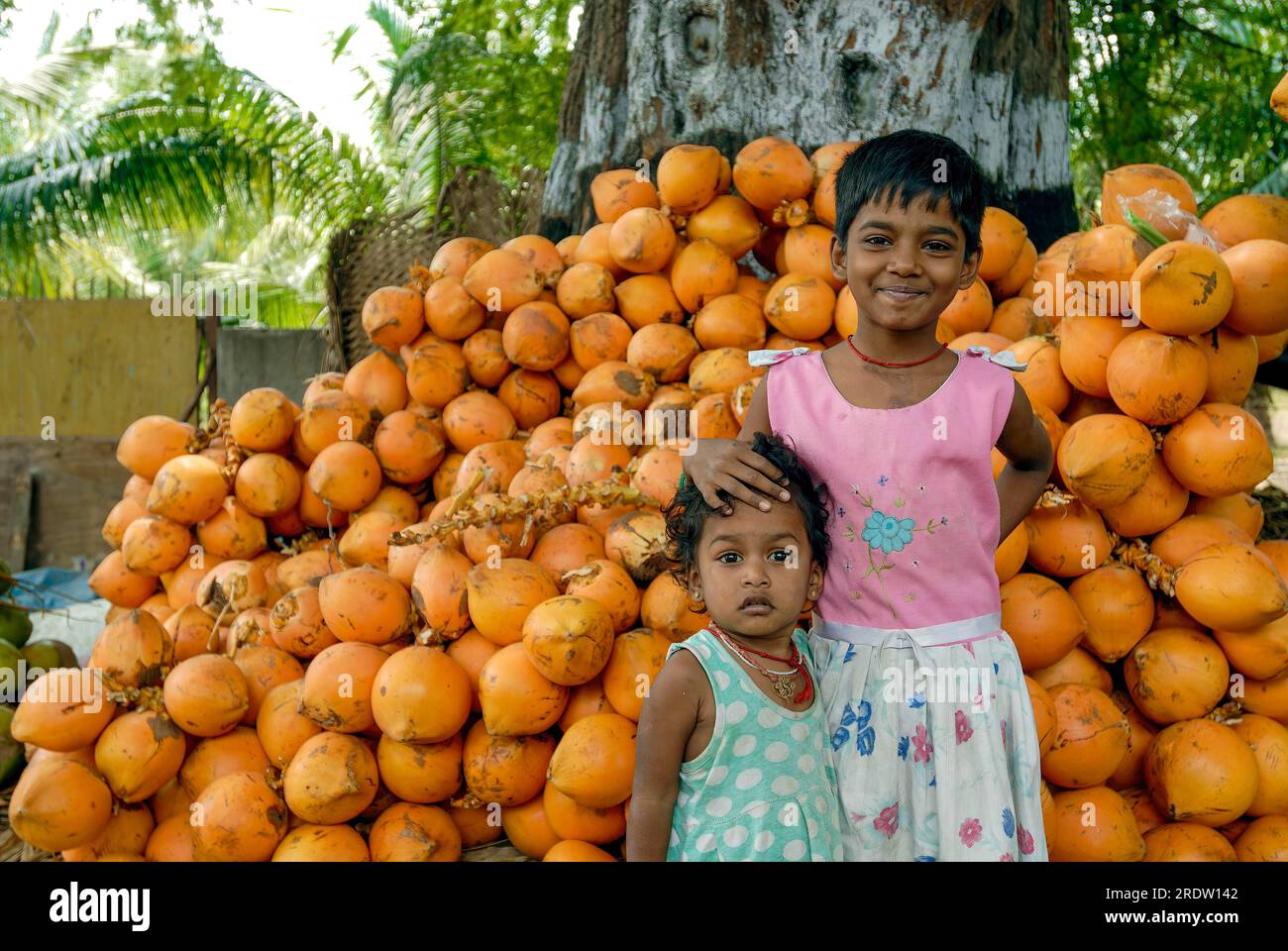 Sisters standing in front of a tender Coconut shop at Coimbatore, Tamil ...