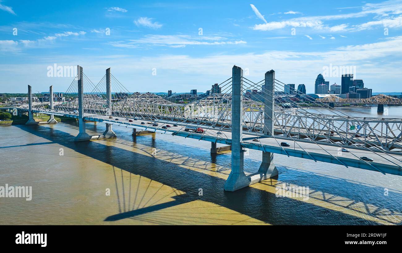 Two suspension bridges over Ohio River downtown Louisville Kentucky ...