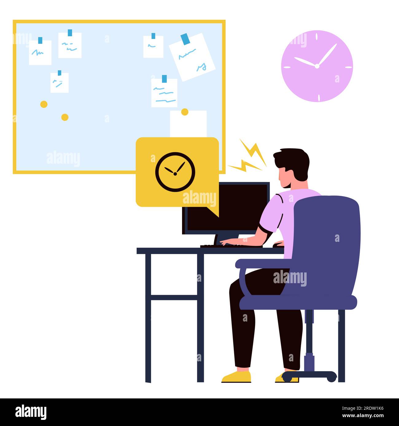 Man sitting at desk with computer and clock. Flat vector illustration ...