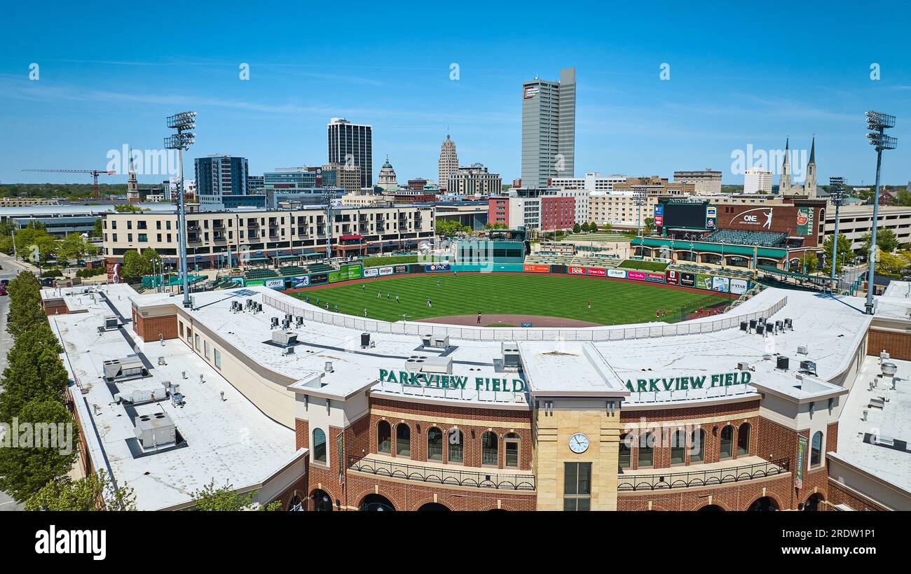 Aerial Parkview Field with baseball game summer day blue sky skyscraper ...