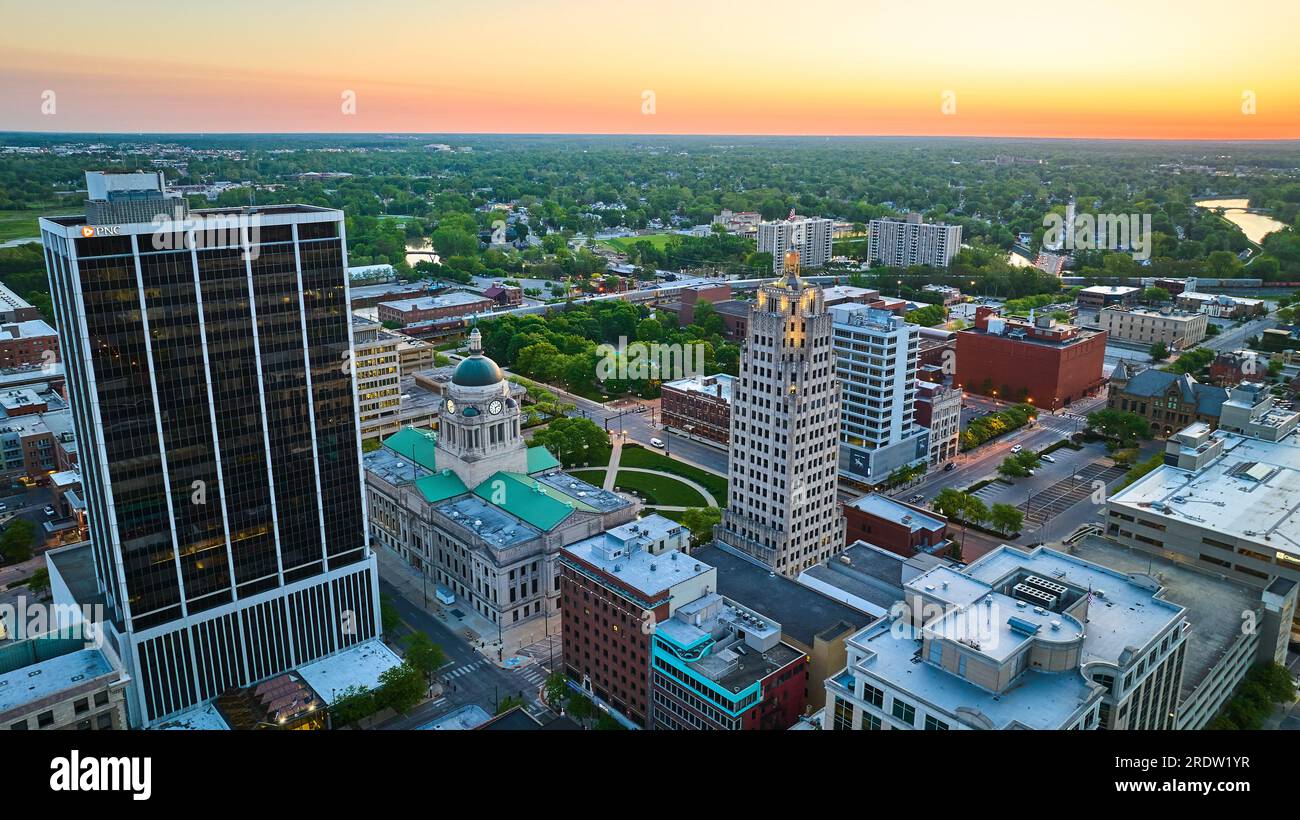 Downtown Fort Wayne Court House, PNC building with train and rivers ...