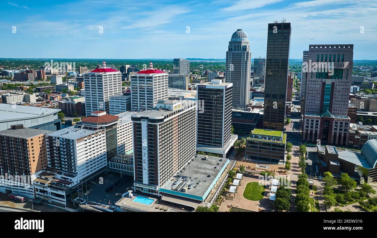 Downtown hotel skyscrapers and office buildings green roof top aerial ...