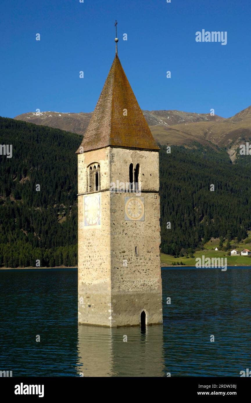 Church tower, reservoir, old parish church, former village of Graun ...