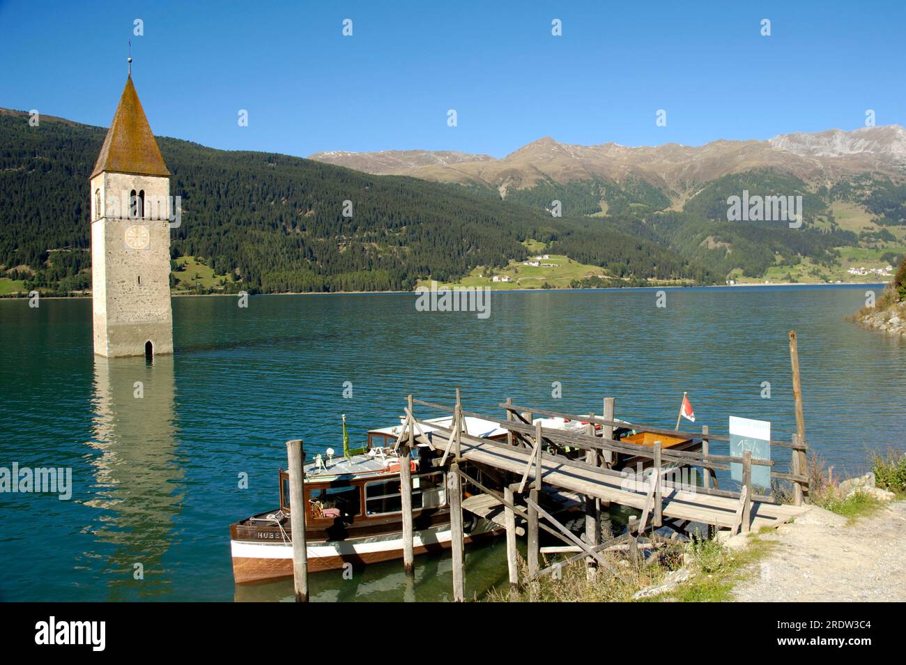 Church tower, reservoir, old parish church, former village of Graun ...