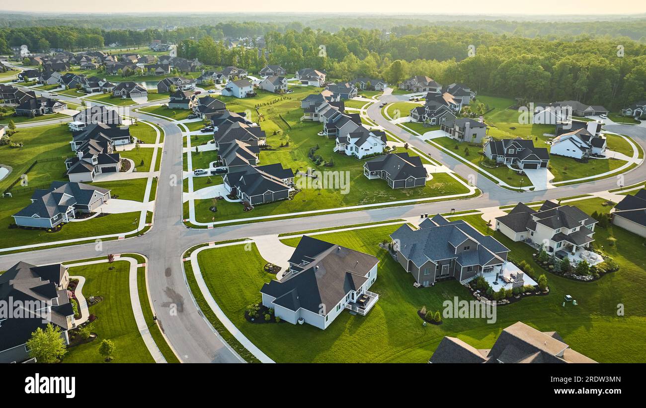 Rich expensive neighborhood aerial with mini mansions, high-end ...