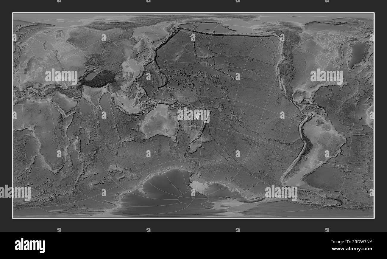 Conway Reef tectonic plate on the grayscale elevation map in the ...