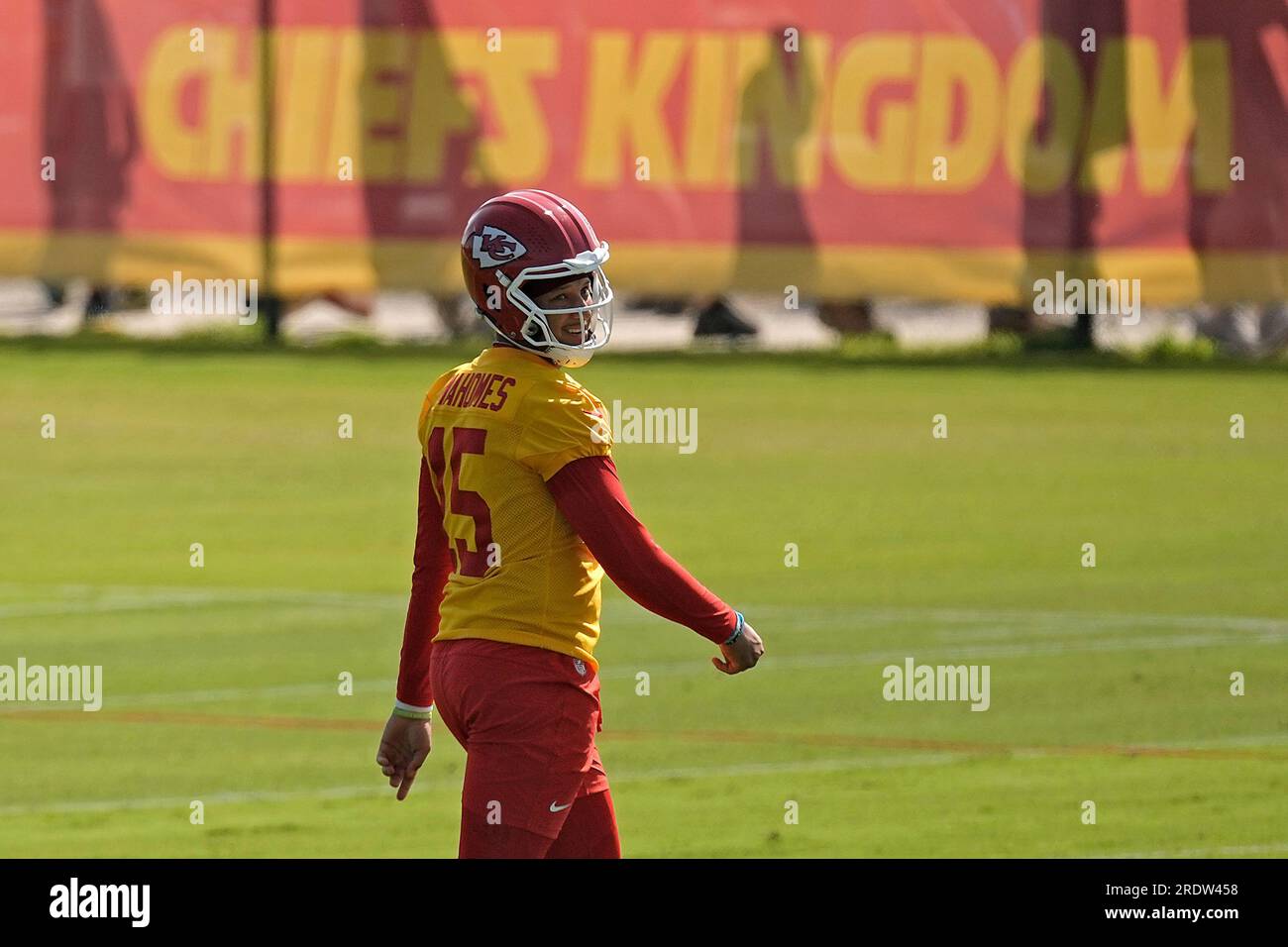 Kansas City Chiefs quarterback Patrick Mahomes walks to a drill during ...