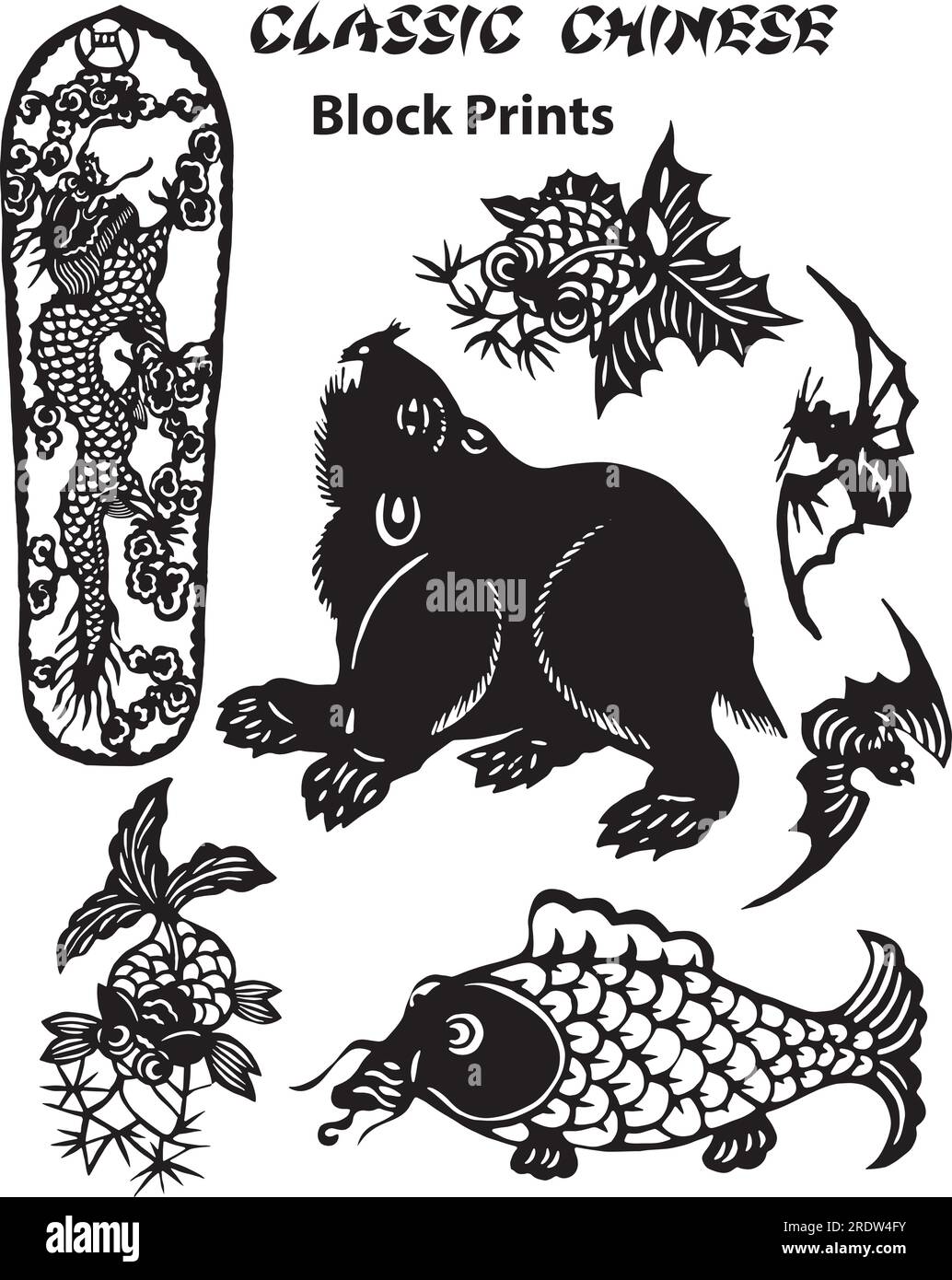 Black and white drawings of old Chinese block prints in classic style ...