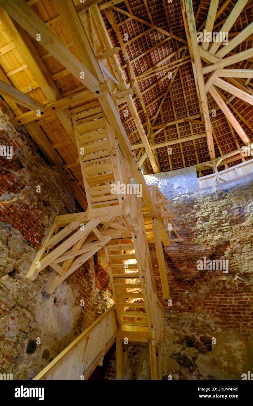 Wooden beams, attic. Part of the reconstruction of an ancient castle ...