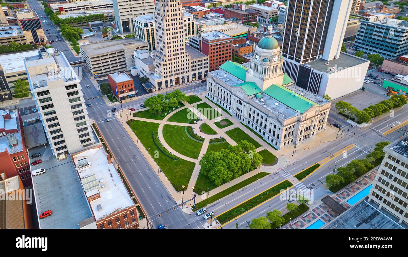 Side view of Allen County courthouse in summer wide view of city aerial ...