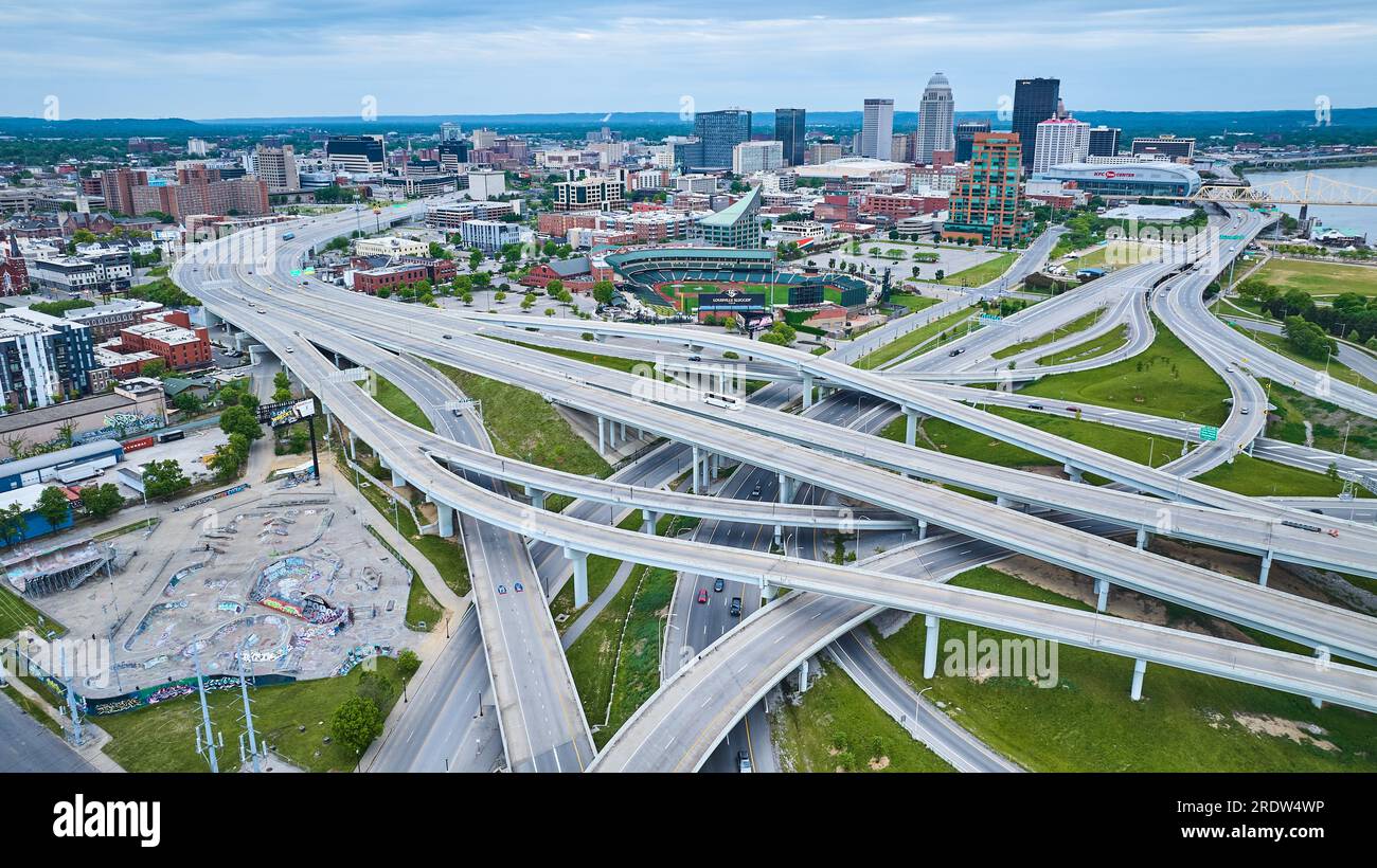 Crisscrossing suspended highway roads aerial Lynn Family Stadium ...