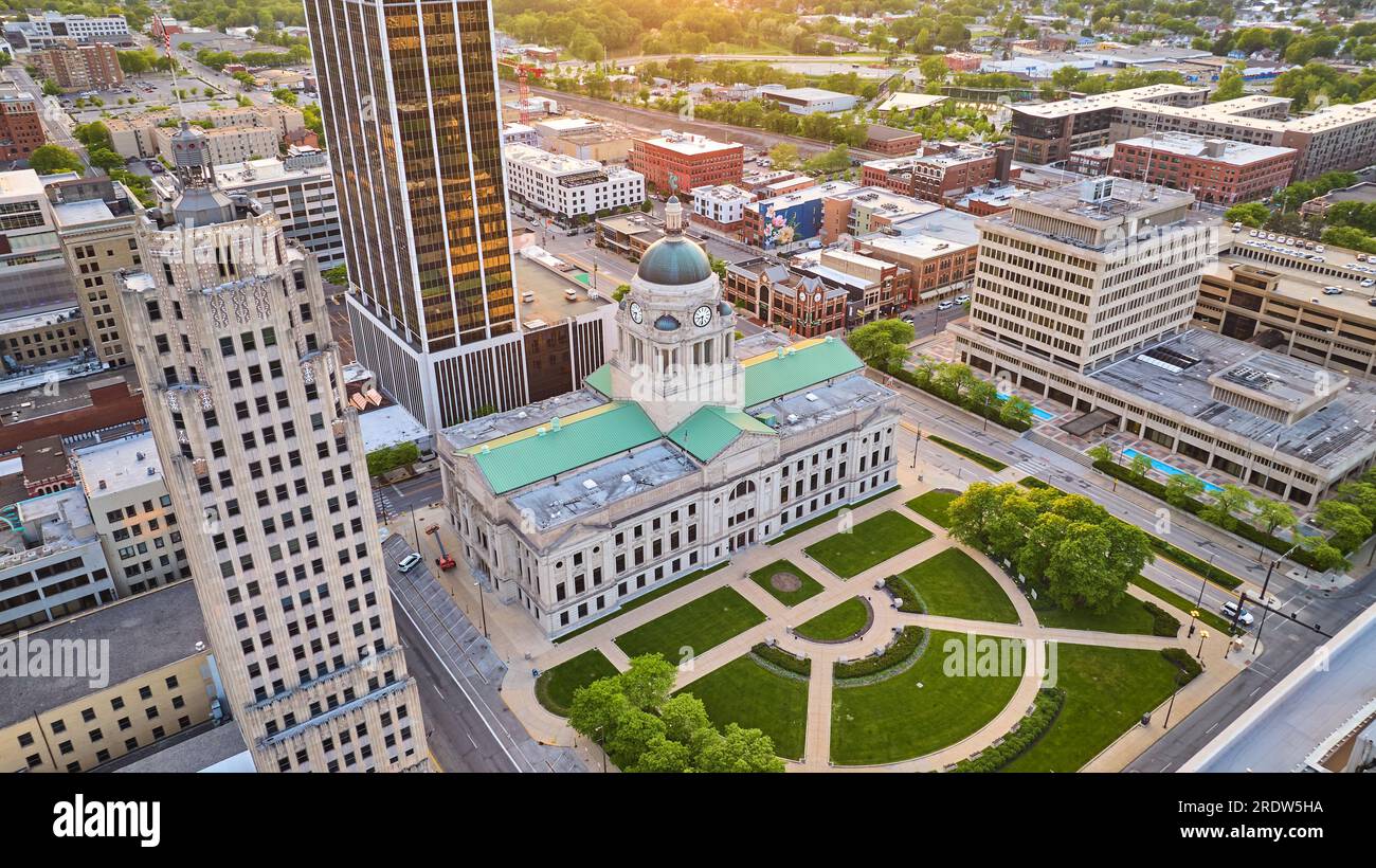 Fort Wayne Allen County courthouse at sunrise in summer aerial with ...