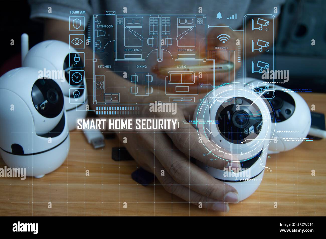 Smart home security concept, remote control, app use to control and ...