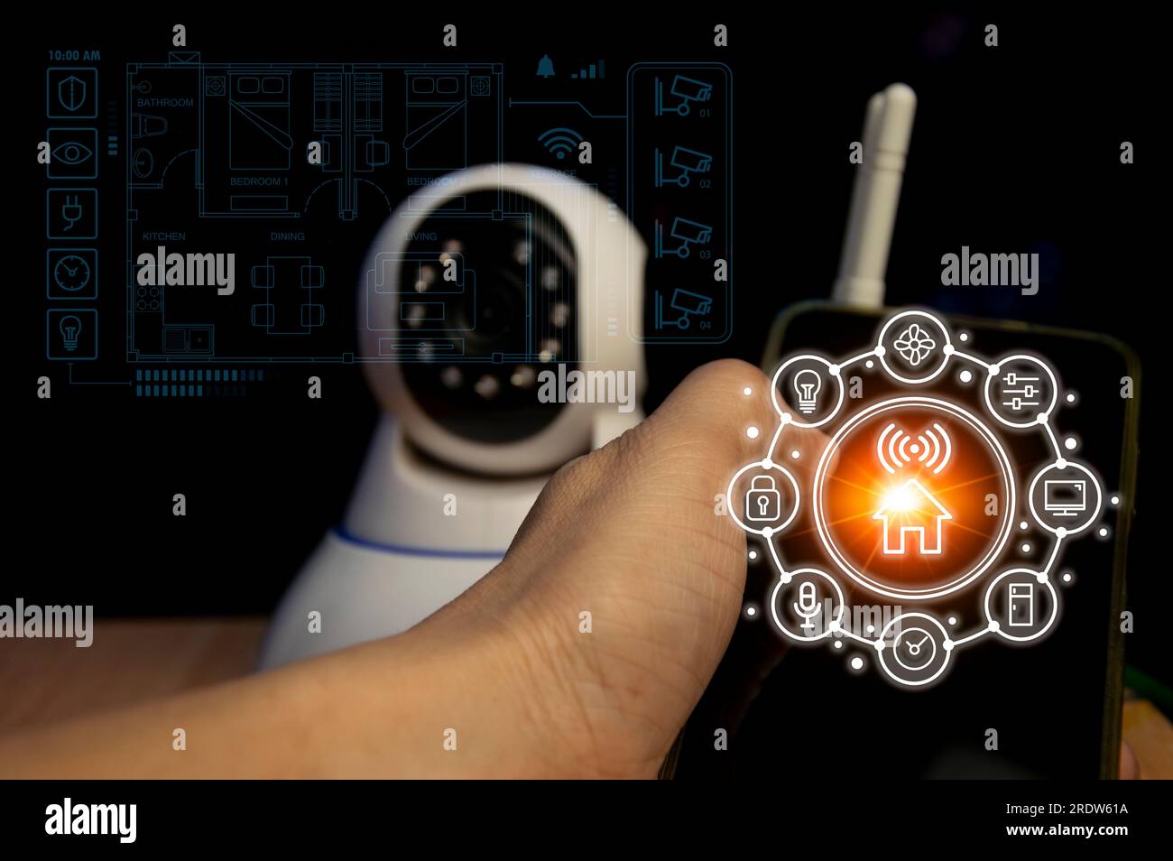 Smart home security concept, remote control, app use to control and ...