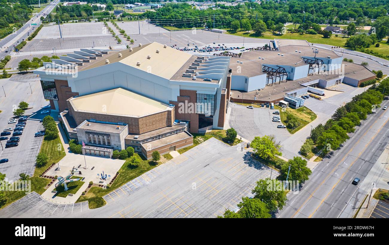 Aerial Allen County War Memorial Coliseum full building under bright ...
