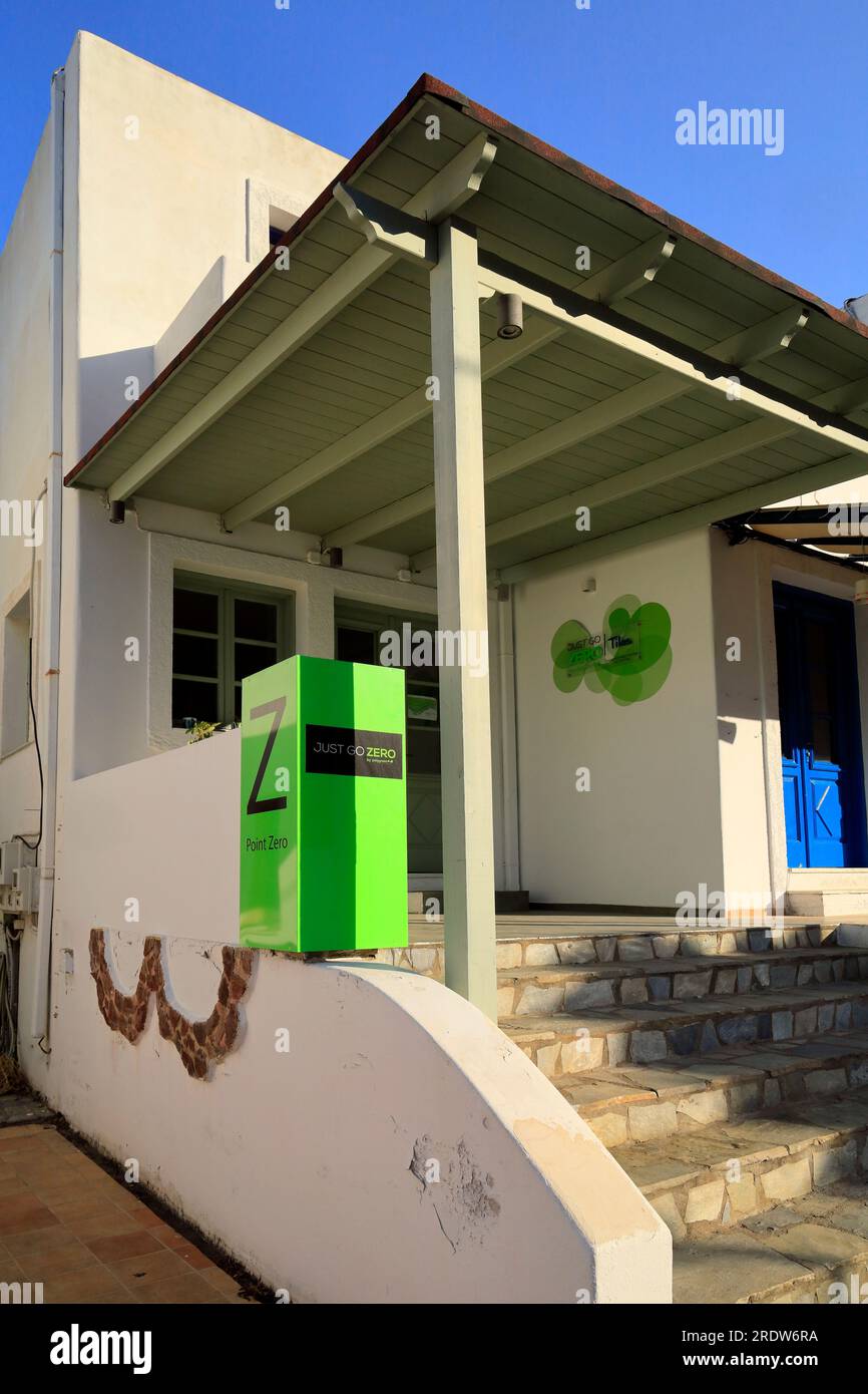 Polygreen 'Just Go Zero' office, Livadia village, Tilos Stock Photo - Alamy