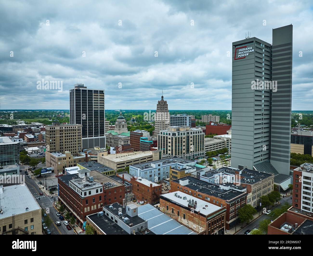 Industrial aerial shot downtown Fort Wayne capturing main skyscrapers ...