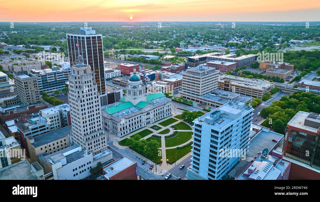 Sunrise over heart of downtown Fort Wayne with main office buildings ...