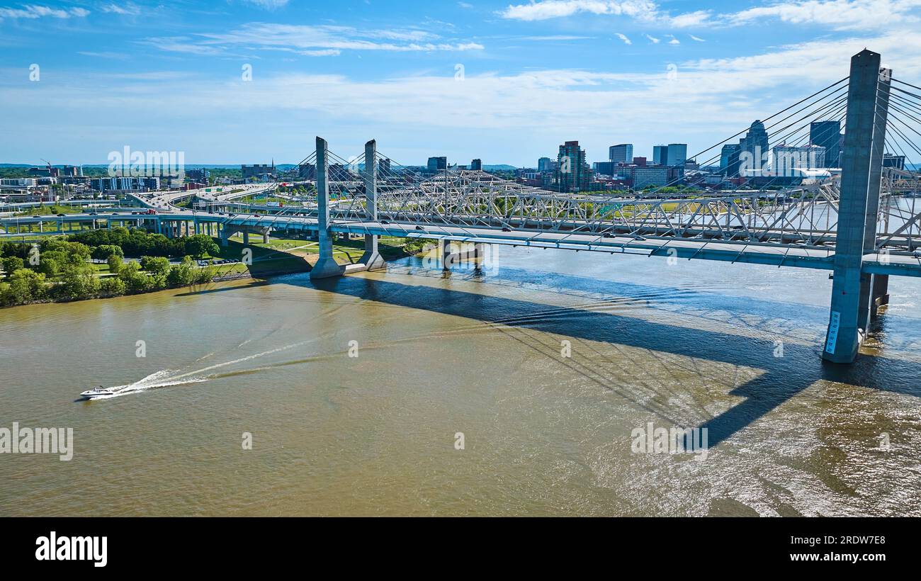 Downtown Louisville KY skyline skyscraper horizon aerial boat in Ohio ...