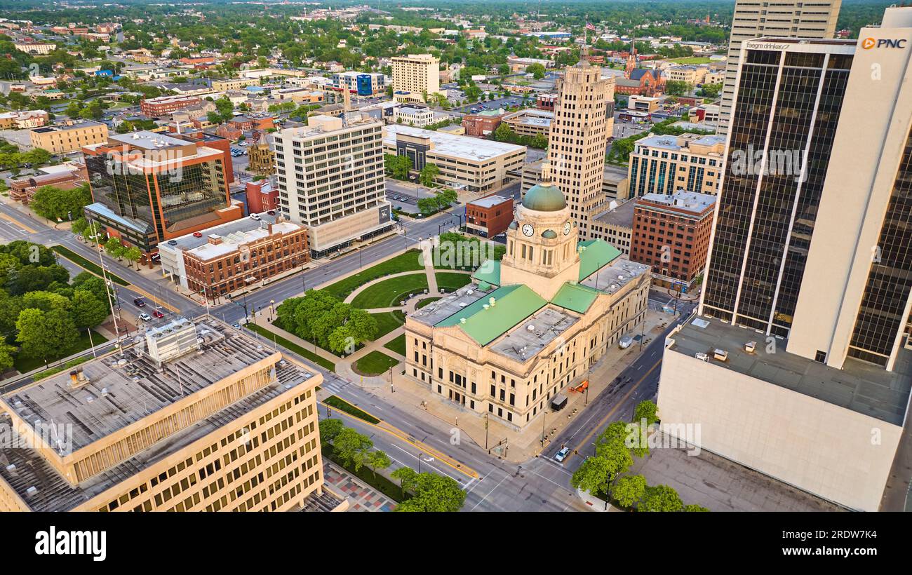 Aerial downtown Fort Wayne backside of courthouse in summer and PNC ...
