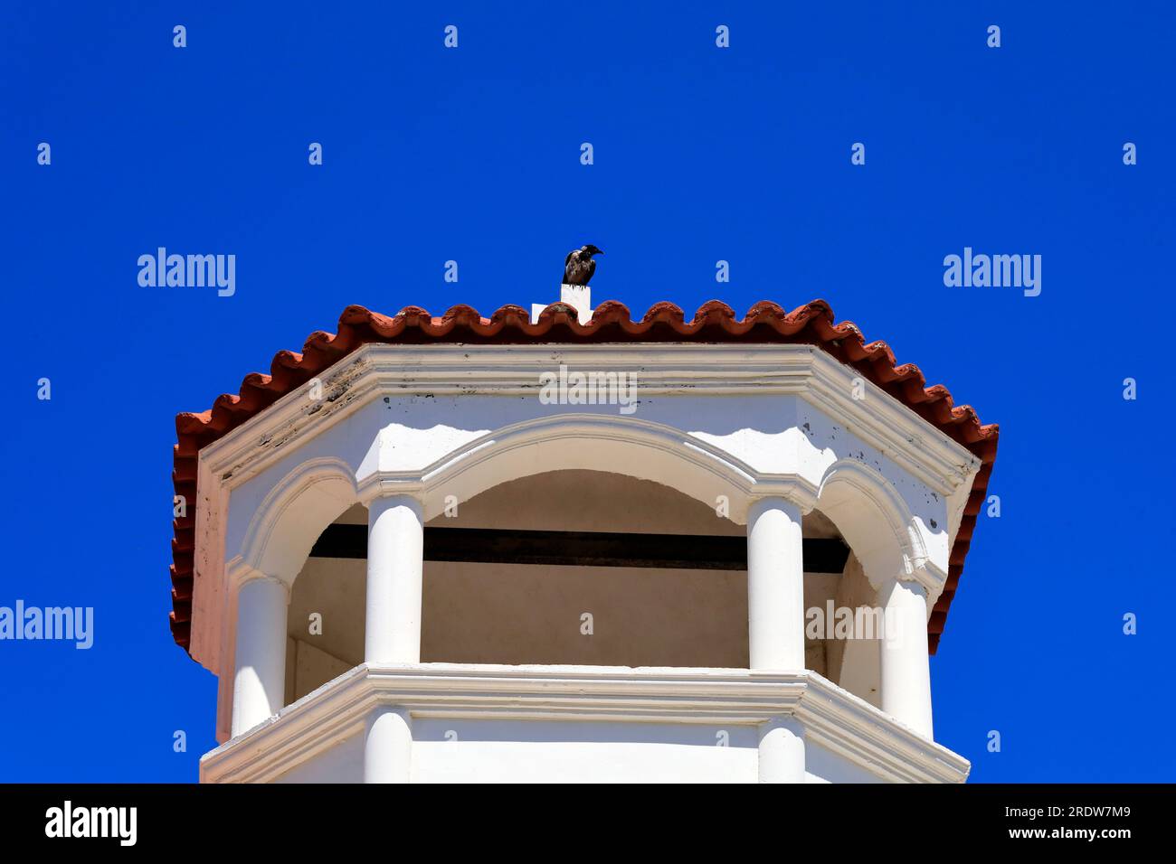 Hooded crow on top of a church tower against blue sky, Greece Stock ...