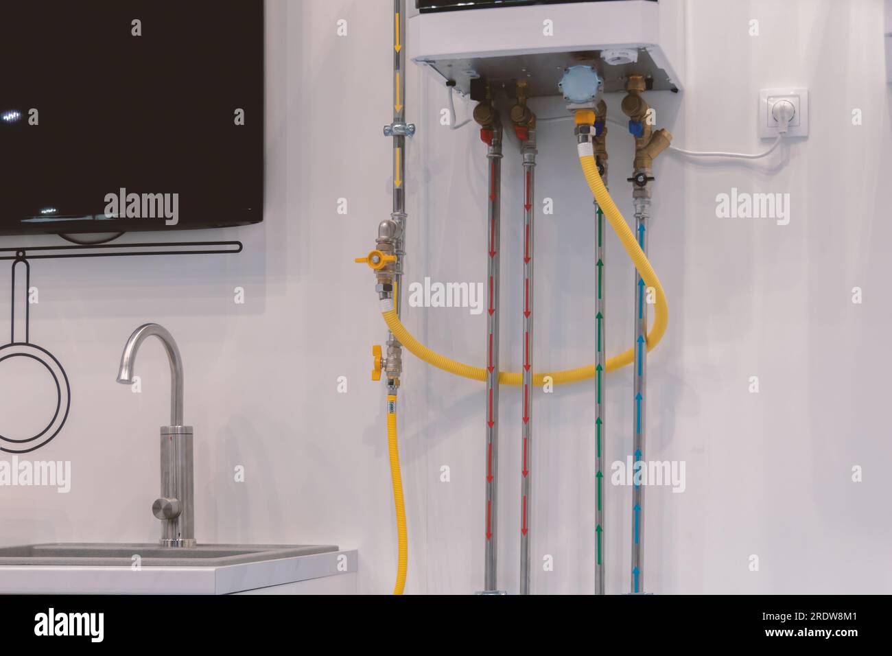 Home heating and water heating system. Double boiler. Connecting pipes ...