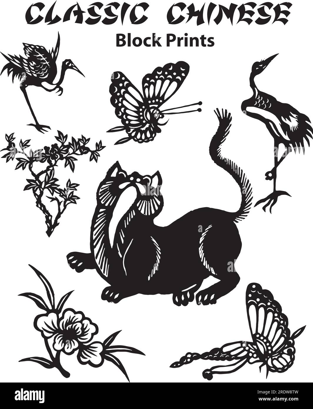 Black and white drawings of vintage block prints in old Chinese style ...