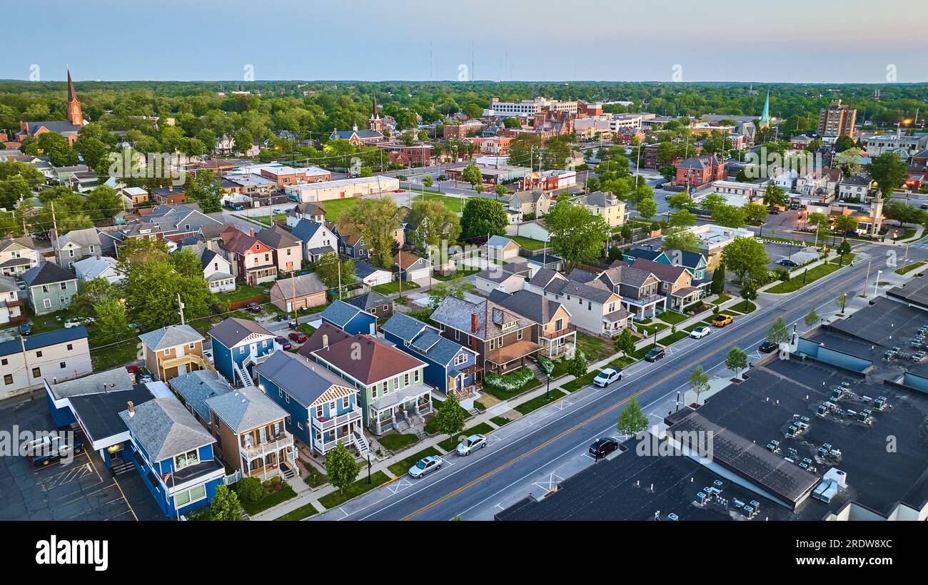 City skyscape aerial downtown buildings churches houses neighborhoods ...