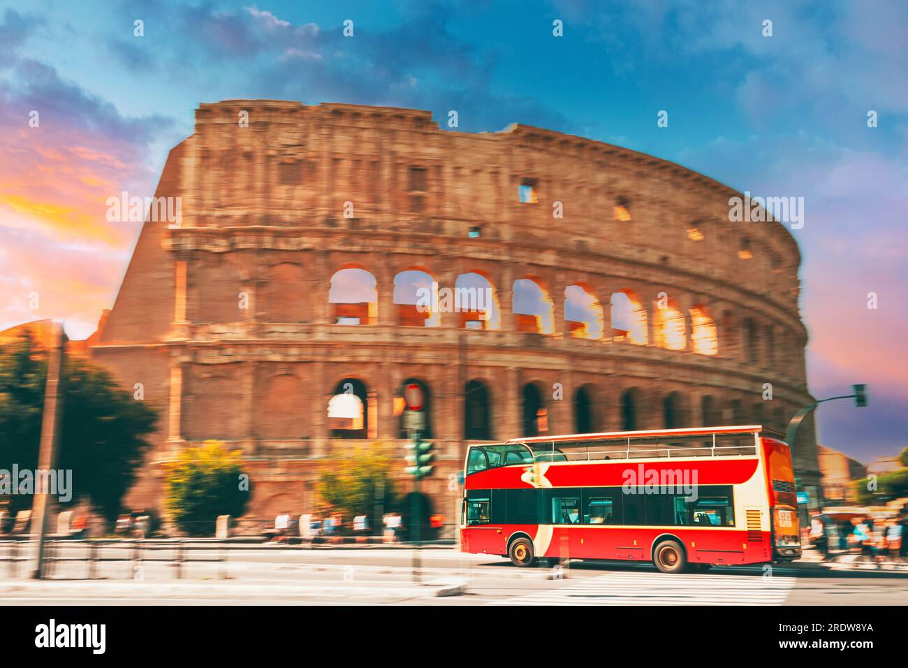Rome, Italy. Amazing Scenic View Colorful Sky Above Colosseum. Red Hop ...