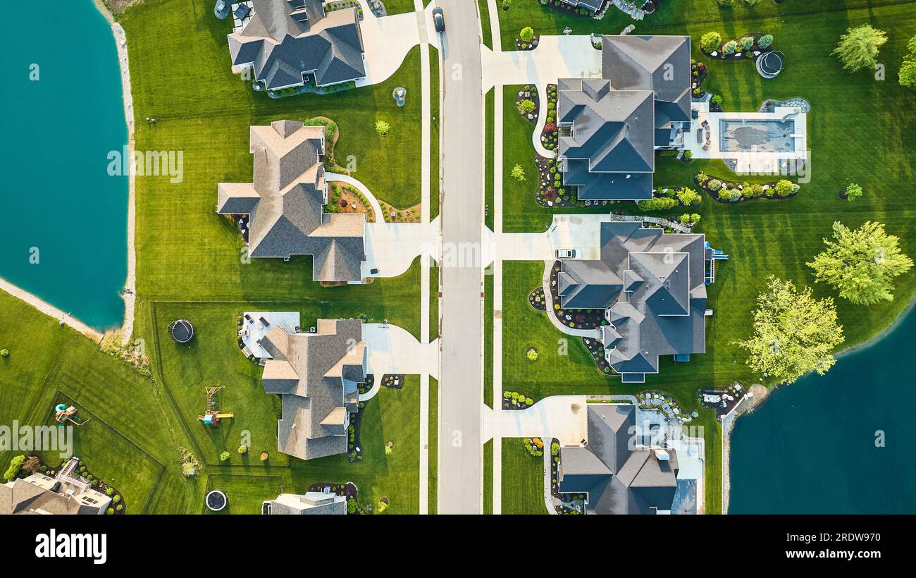 Aerial landscaping rich mansion neighborhood homes roof view aerial ...