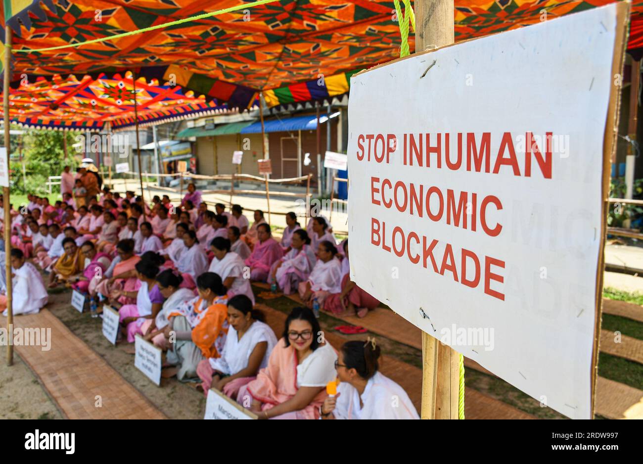 July 18, 2023, Imphal, Manipur, India: Protesters gather next a huge ...