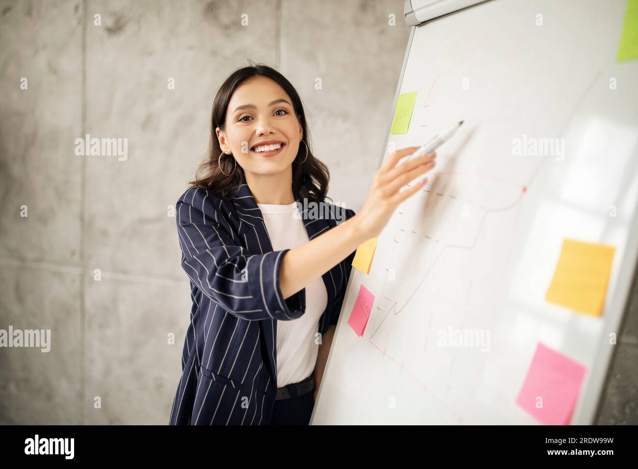 Employee Lady Giving Speech Near Whiteboard, Presenting Work In Office ...