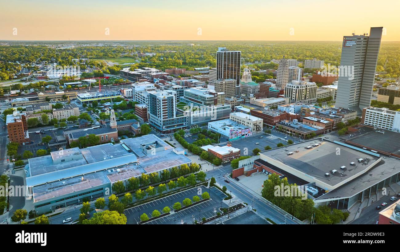 Orange glow summer sunrise over Downtown Fort Wayne business ...