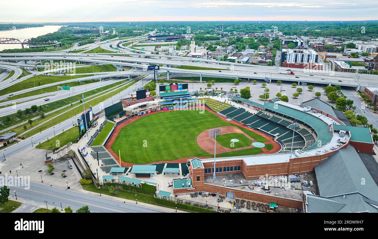 Aerial Louisville Slugger Field empty baseball diamond with criss ...