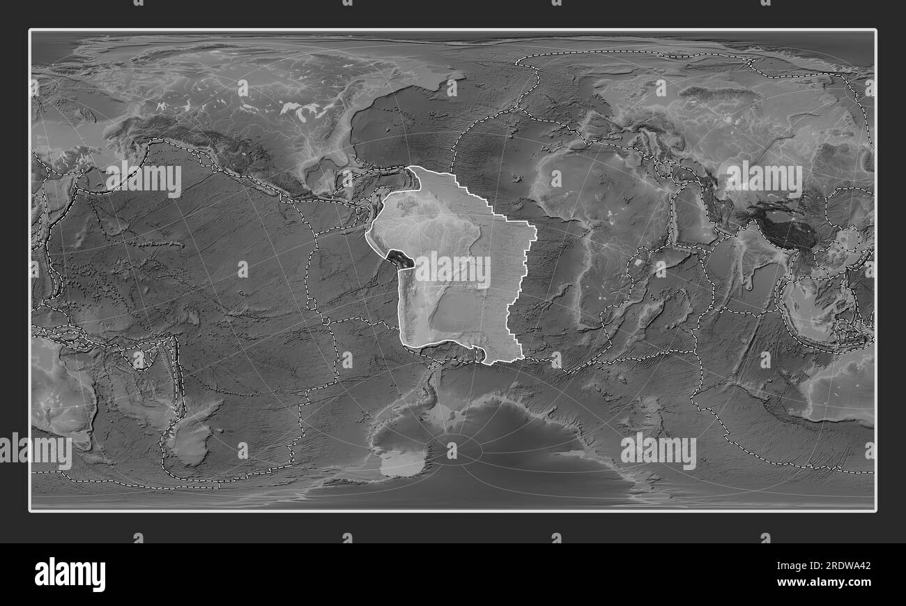 South American tectonic plate on the grayscale elevation map in the ...