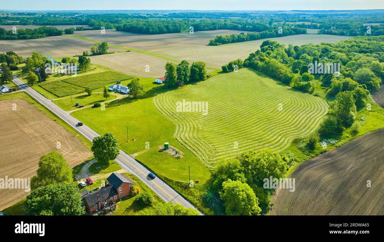 Country road with a mowed field a plowed field and many fallow fields ...