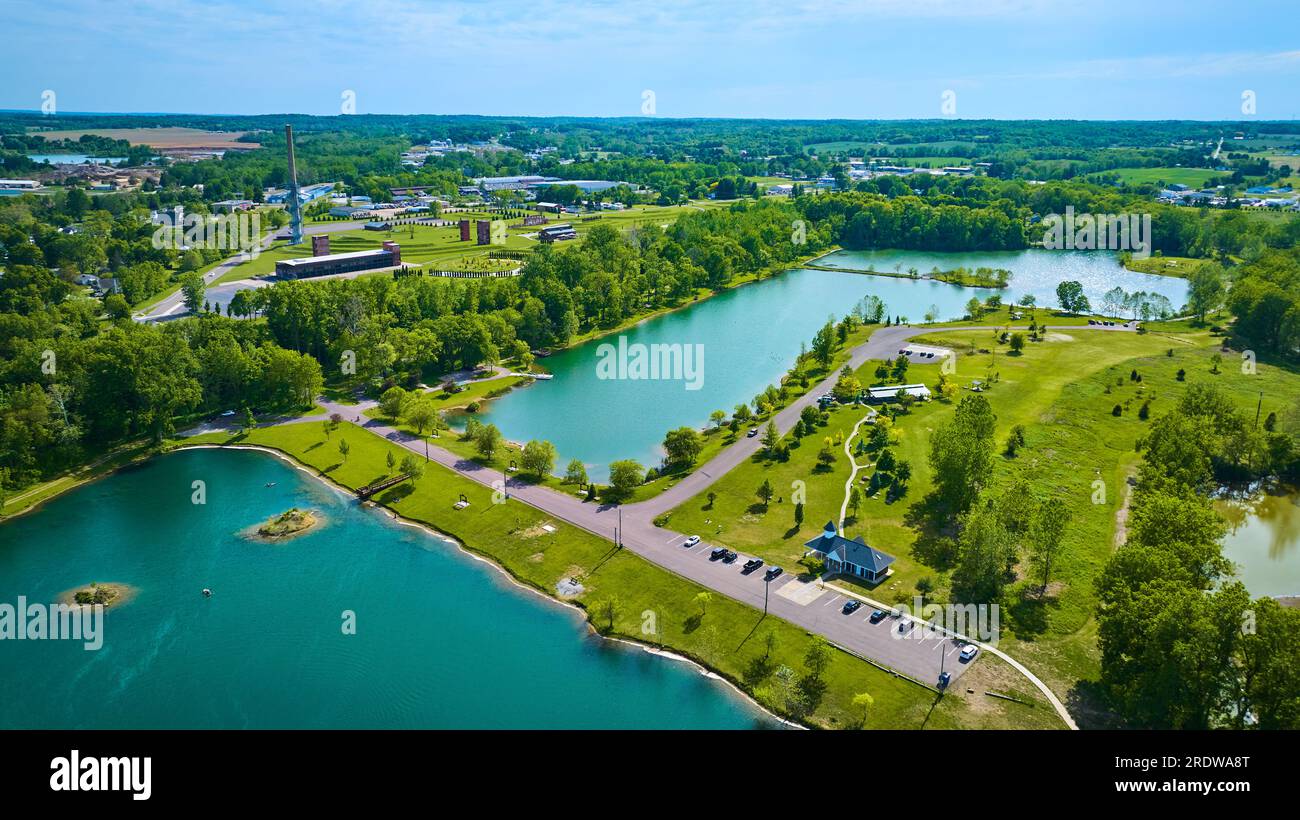 Wonderfully blue ponds with aerial view of Ariel Foundation Park trails ...