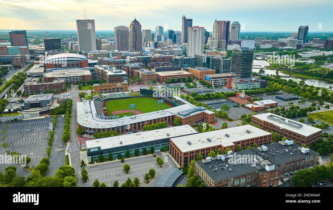 Huntington Park stadium with Columbus Ohio skyscraper skyline aerial ...