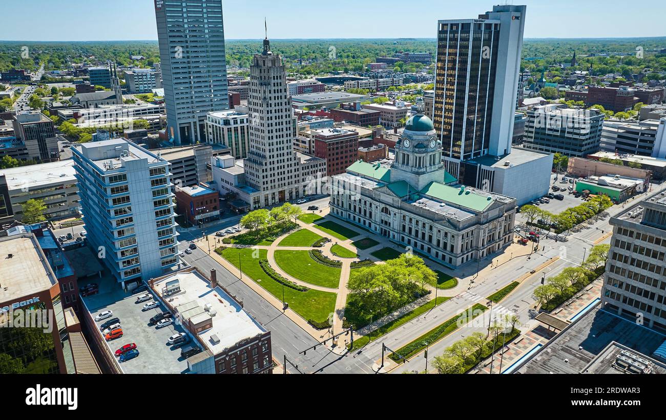 Green lawn and trees at Fort Wayne courthouse cityscape skyscrapers ...