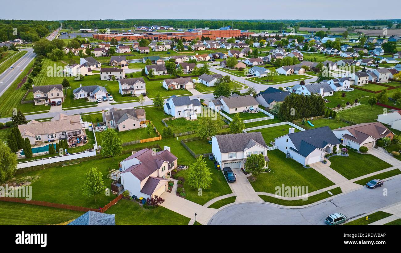 Suburban homes neighborhood aerial HOA two-story and one-story houses ...