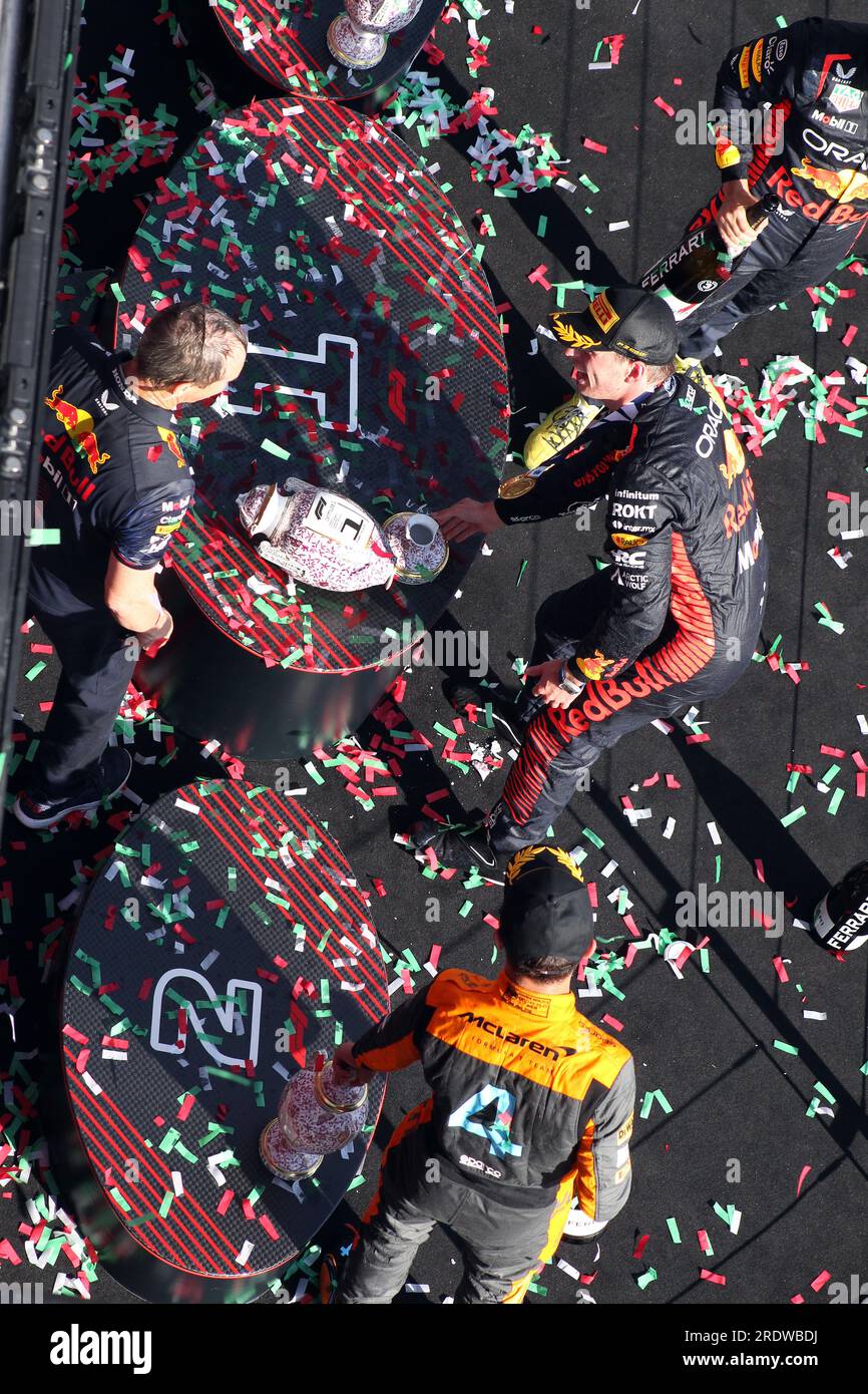 MOGYOROD, BUDAPEST, Hungary. 23rd July, 2023. the broken winners trophy after celebrations on ...