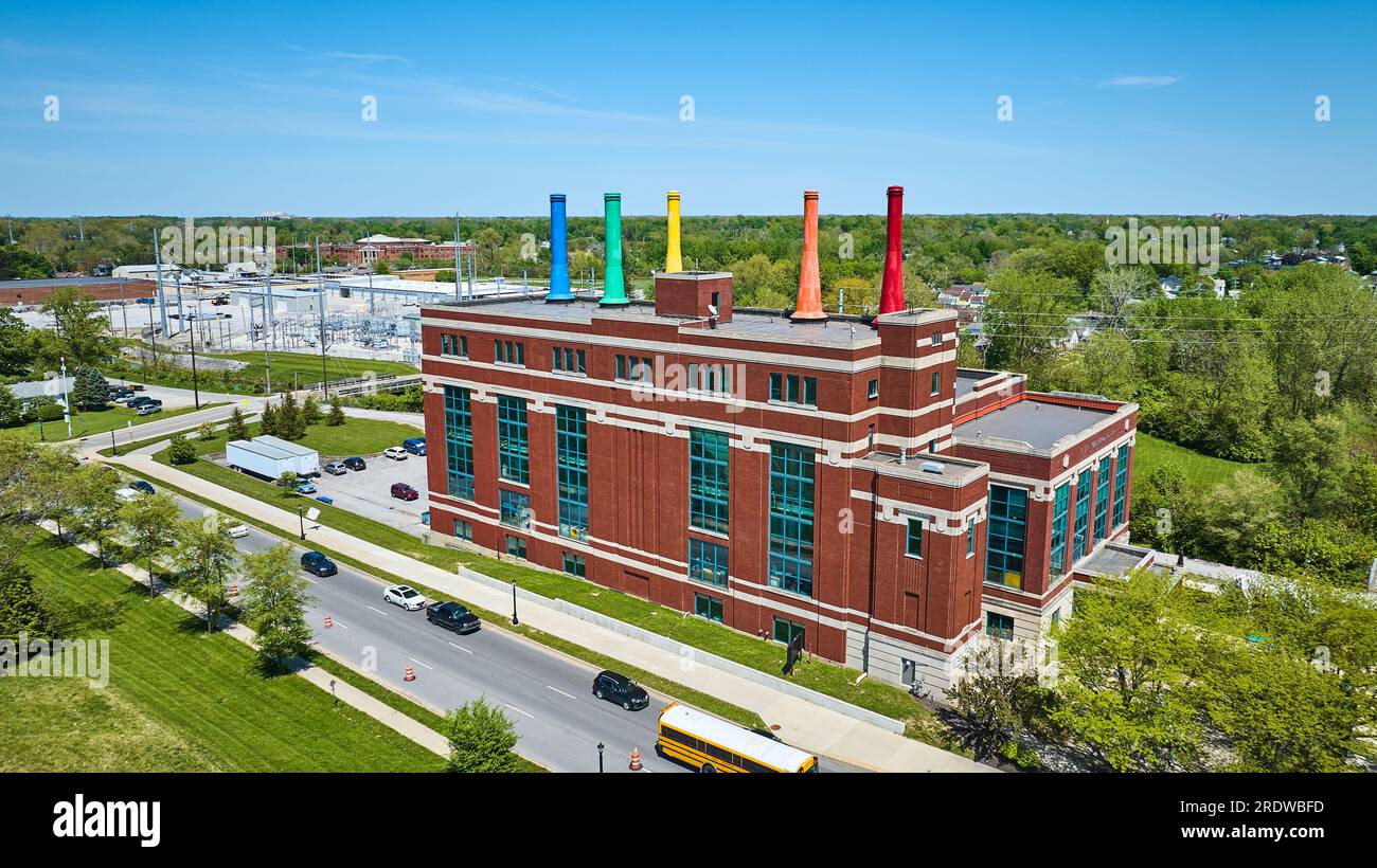 Old renovated factory powerplant with rainbow smokestacks repurposed ...