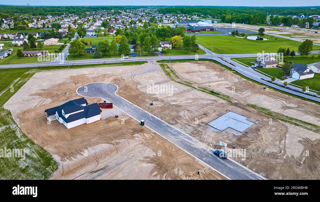 Aerial housing construction site new neighborhood cement slab one ...