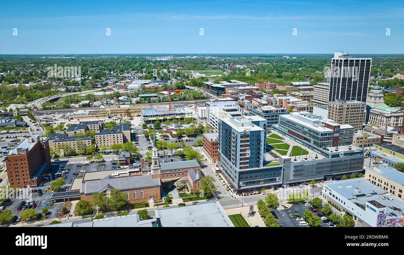 Downtown Fort Wayne aerial architecture, churches, buildings ...