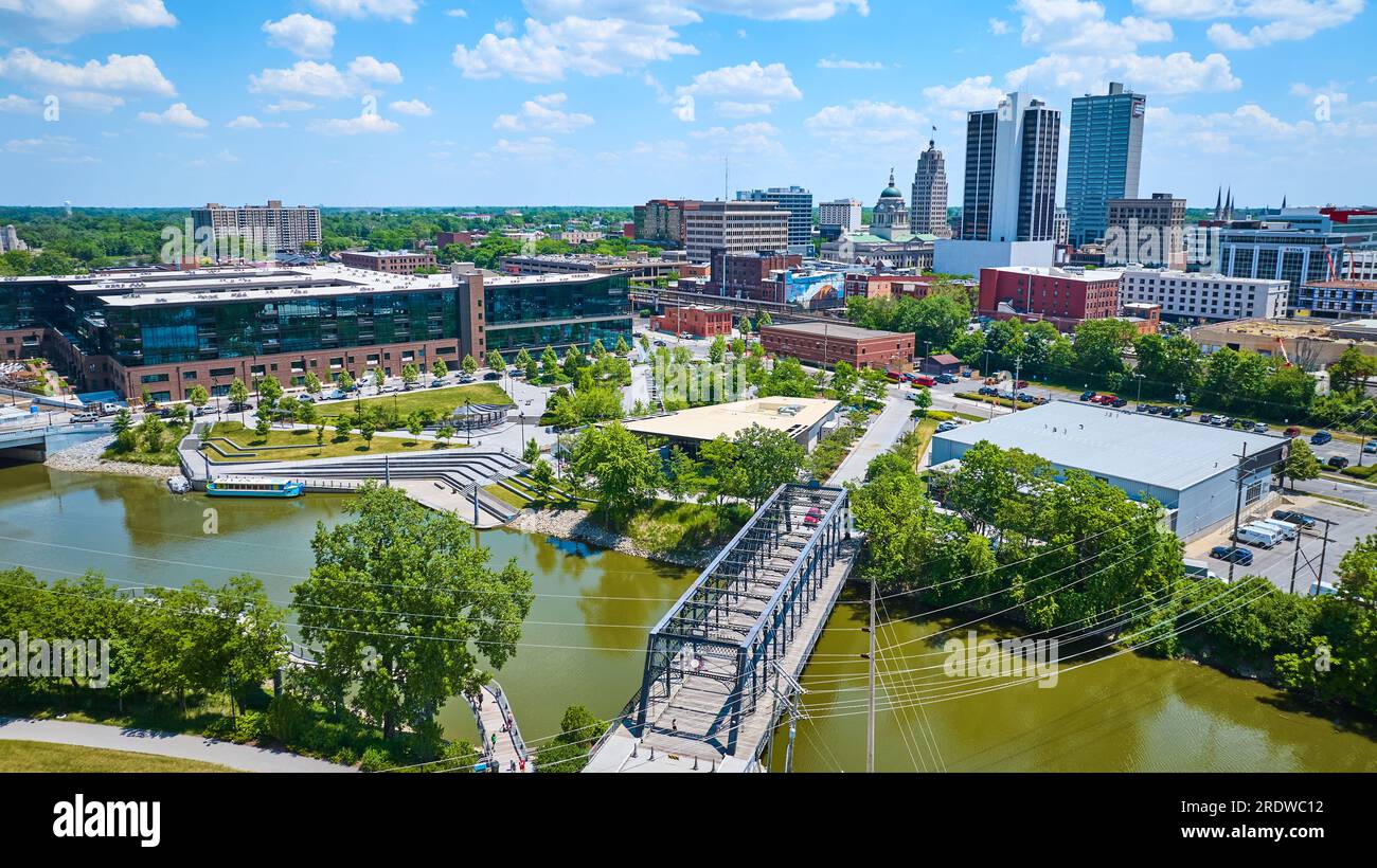 Aerial bright summer day of Wells Street Bridge towards Promenade Park ...